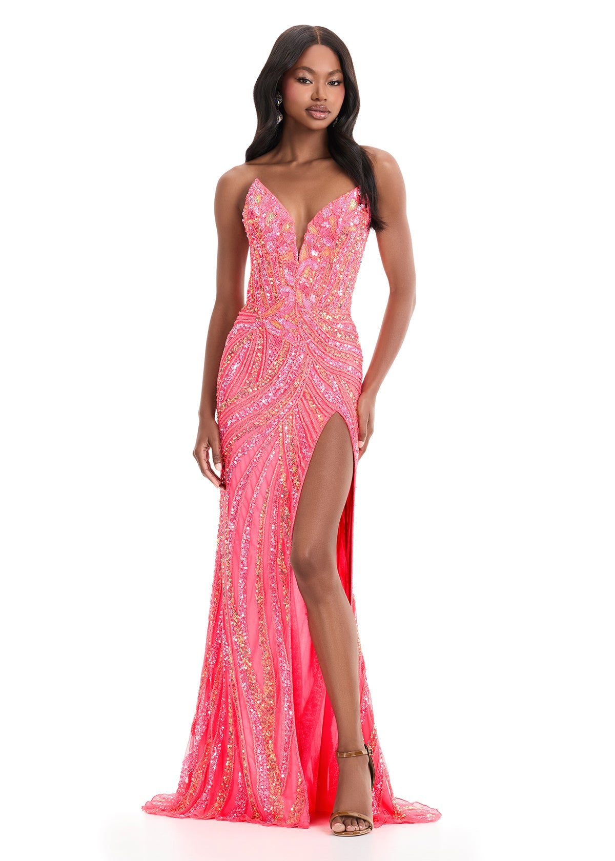 ASHLEYlauren 11236 - Electric Pink Beaded Gown | Lady Black Tie
